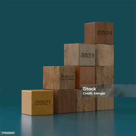 2021년 2022년 2023년 및 2024년 달력 숫자는 파란색 배경에 나무 큐브 블록 막대 그래프 단계에 있습니다 3d 렌더링 2021년에 대한 스톡 사진 및 기타