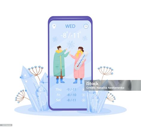 추운 날씨 만화 스마트 폰 벡터 응용 프로그램 화면 눈 아래 코트에 남자와 여자 플랫 캐릭터 디자인 모형과 휴대 전화 디스플레이 겨울 예보 응용 프로그램 전화 인터페이스