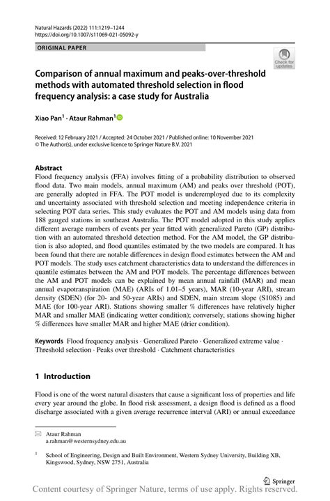 Comparison Of Annual Maximum And Peaks Over Threshold Methods With