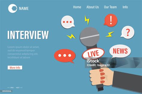 인터뷰 방문 페이지 템플릿 기자의 손이 마이크를 들고 있습니다 특수 장비를 갖춘 여성 기자가 라이브 뉴스를 위해 일합니다 질문과 답변으로 말의 거품이 일어납니다 기자 회견에