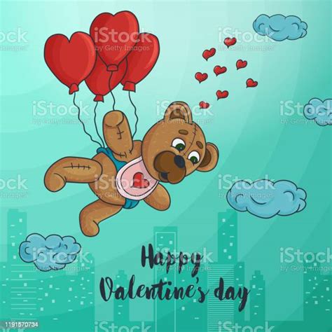 발렌타인 데이 인사말 카드 디자인 작은 장난감 곰 도시 비문 축하의 배경에 마음의 형태로 풍선에 비행 곰에 대한 스톡 벡터 아트 및 기타 이미지 Istock