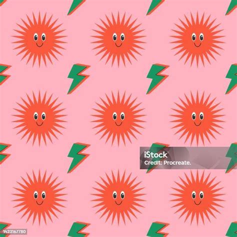 멋진 70 년대 패턴 히피 요소가있는 복고풍 인쇄 만화 환각적인 스타일 번개 섬광과 얼굴과 태양 펑키 원활한 배경 태양 하늘에 대한 스톡 벡터 아트 및 기타 이미지 Istock