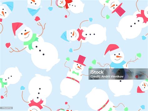 눈사람 완벽 한 패턴입니다 모자 스카프 벙어리 장갑 헤드폰 나비 넥타이를 착용한 눈사람 세 개의 눈덩이로 만든 눈사람 배너와 포스터에 대 한 크리스마스 디자인 벡터 일러스트