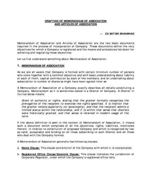 Fillable Online Drafting Of Memorandum Of Association Fax Email Print