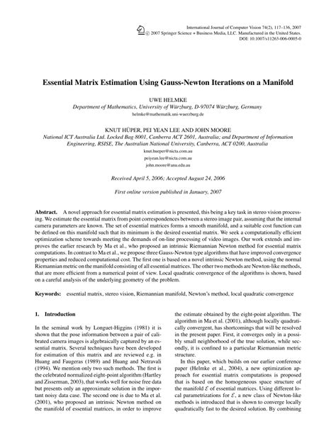 pdf essential matrix estimation using gauss newton iterations on a