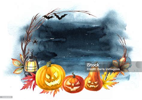 할로윈 호박 라운드 프레임 머리 잭 등불 휴일 양보 어두운 배경에 고립 된 수채화 손으로 그린 일러스트레이션 수채화에 대한 스톡 벡터 아트 및 기타 이미지 Istock