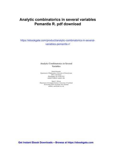 Analytic Combinatorics In Several Variables Pemantle R Pdf Analytic Combinatorics In Several Variables Pemantle R Pdf