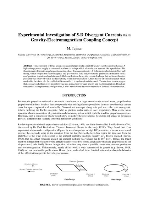 Pdf Experimental Investigation Of 5 D Divergent Currents As A Gravity Electromagnetism