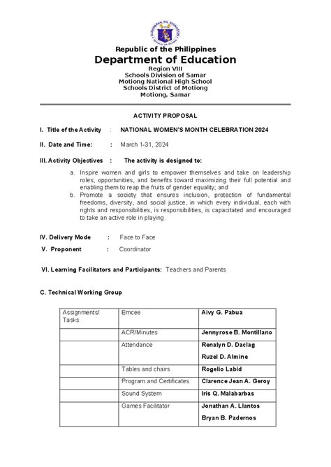 Activity Proposal Republic Of The Philippines Department Of Education