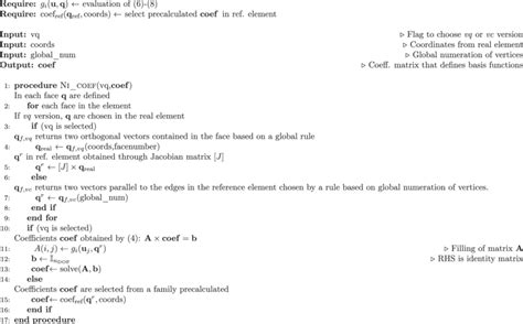 pseudocode to obtain the values of the coefficients which define the