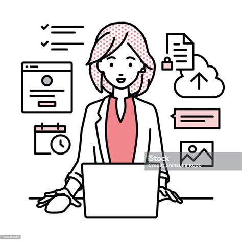 웹 사이트 탐색 클라우드에서 파일 연구 공유 프로젝트 예약 프로젝트 관리 작업 구성 책상에서 팀과 의사 소통을 위해 랩톱 컴퓨터를 사용하여 작업 재킷 스타일의 여성 경영자에