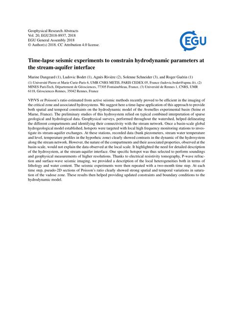 Pdf Time Lapse Seismic Experiments To Constrain Hydrodynamic Parameters At The Stream Aquifer