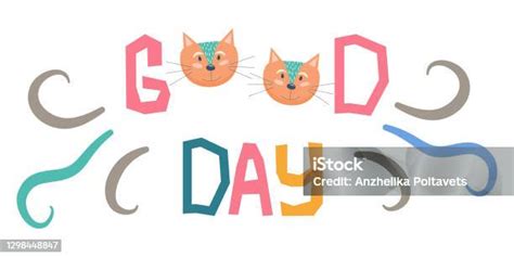 스칸디나비아 스타일의 콧수염이 있는 고양이 머리를 가진 어린이 유기농 좋은 날 비문은 흰색 배경에 고립되어 있습니다 심플한 스타일로 어린이 또는 디자인을 위한 벡터