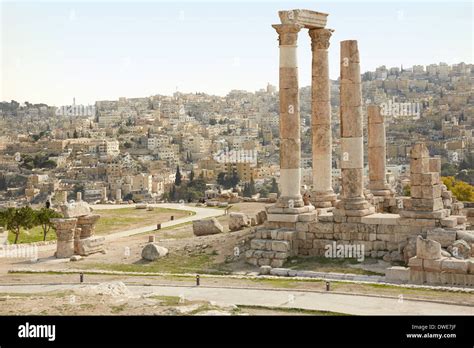 Temple Of Hercules On The Amman Citadel With City View Jordan Stock