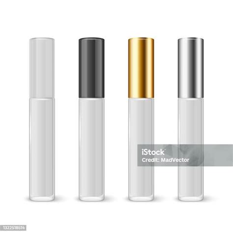 벡터 3d 현실적인 폐쇄 화이트 립 글로스 립스틱 패키지 세트 흰색 배경에 격리 유리 용기 튜브 뚜껑 브러시 플라스틱 투명 병 디자인 템플릿 모형 전면 보기 립글로스에 대한