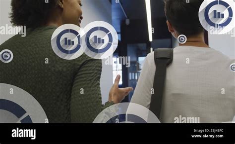 Animation Of Multiple Bar Graph Icons Floating Against Two Diverse Women Stock Video Footage Alamy