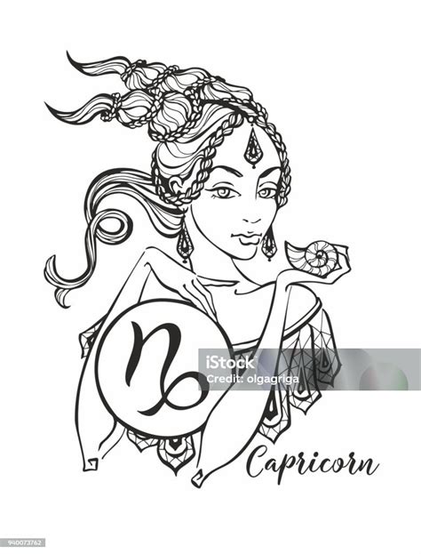 아름 다운 여자로 서 염소 자리 점성술 징조입니다 운세입니다 점성술입니다 착 색 벡터 검은색에 대한 스톡 벡터 아트 및 기타 이미지 Istock