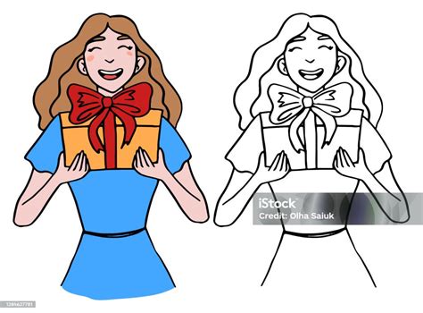 그녀의 손 낙서 그림에 선물 상자를 가진 행복한 여자 선물 주는 컨셉 흰색으로 격리된 윤곽및 색상 도면 집합입니다 디자인에 대한 간단한 만화 스타일로 손으로 그린 벡터 그림
