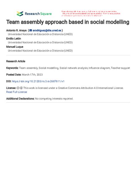 Pdf Team Assembly Approach Based In Social Modelling