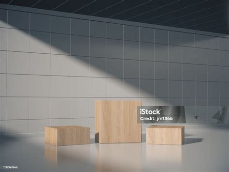 전시를 위한 나무로 되는 받침대 디자인을 위한 플랫폼 빈 흰색 방을 가진 빈 제품 스탠드 3d 렌더링 모던 양식에 대한 스톡 사진 및 기타 이미지 Istock