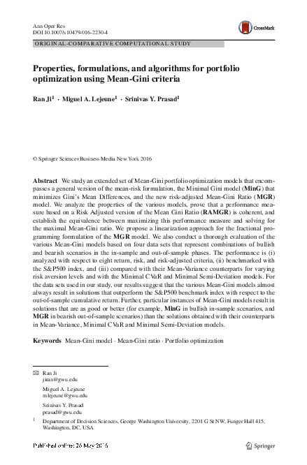 Pdf Properties Formulations And Algorithms For Portfolio Optimization Using Mean Gini Criteria