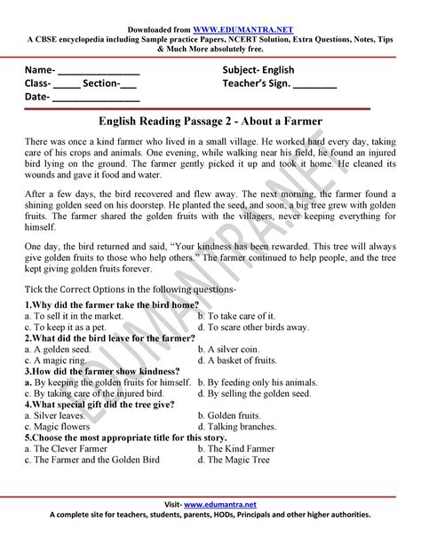 Class 6 English Reading Comprehension Improve Reading Skills 10 Passages Downloadable Pdf