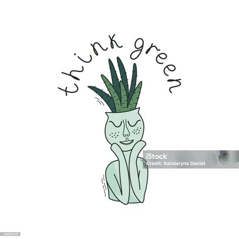 눈을 감고 관엽식물이 있는 세라믹 화분 캐릭터 녹색 글자를 생각해보세요 그래픽 프린트에 대한 스톡 벡터 아트 및 기타 이미지 그래픽 프린트 낙서 드로잉 눈 감기