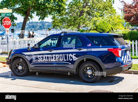 Seattle Wa Usa July 3 2024 Blue And White Seattle Police Car