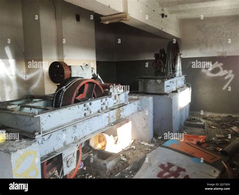 06032018 Warsaw Poland Old Rusty Elevator Motor With Graffiti High