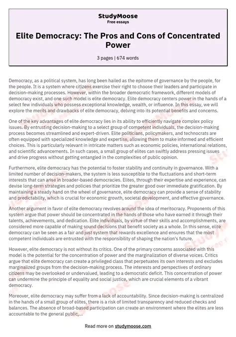 Elite Democracy The Pros And Cons Of Concentrated Power Free Essay Example