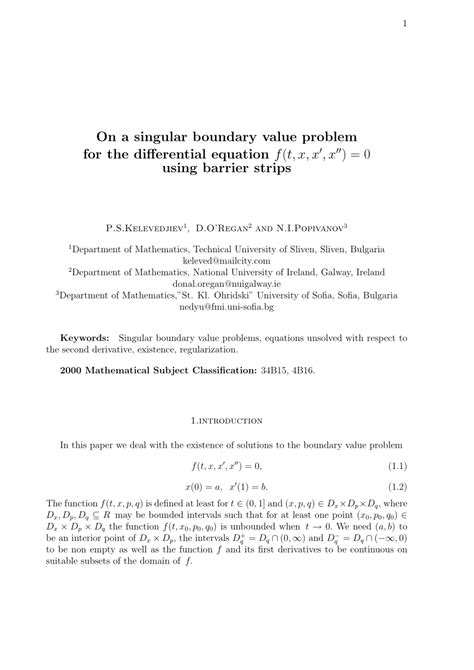 Pdf On A Singular Boundary Value Problem For The Differential Equation