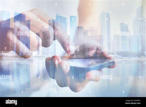 Internet Communication Technology Double Exposure Hands Using