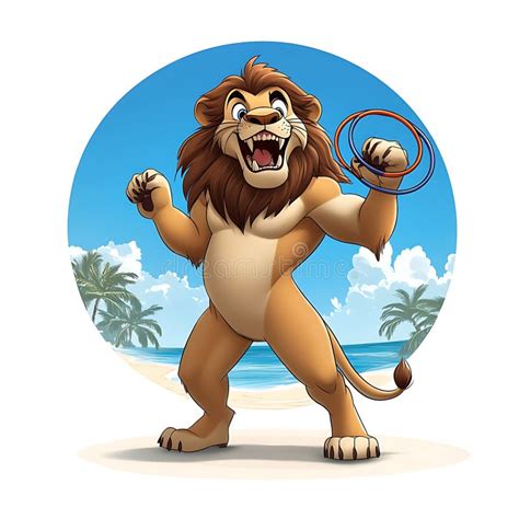Cartoon Lion Dancing With Hula Hoop On Beach Stock Illustration