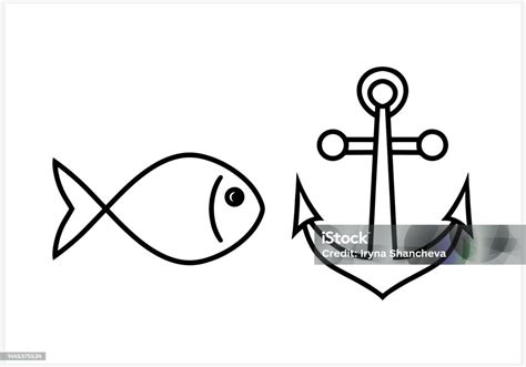 낙서 해양 세트 클립 아트가 격리되었습니다 손으로 그린 라인 아트 물고기와 닻 바다 색칠 공부 책입니다 벡터 스톡 Iillustration 주당순이익 10 낙서 드로잉에