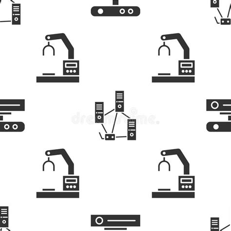 Set Motion Sensor Computer Network And Robotic Robot Arm Hand Factory On Seamless Pattern