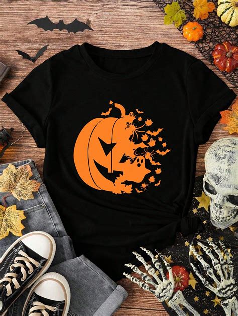 Plus Size Halloween Pumpkin And Bat Print T Shirt Plus Size Halloween