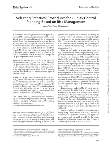 Selecting Statistical Procedures For Quality Control Risk Pdf