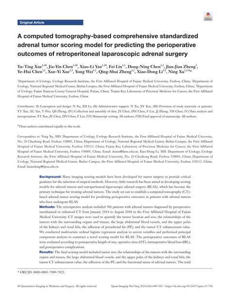 Pdf A Computed Tomography Based Comprehensive Standardized Adrenal Tumor Scoring Model For