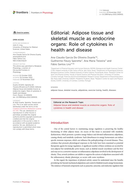 PDF Editorial Adipose Tissue And Skeletal Muscle As Endocrine Organs Role Of Cytokines In