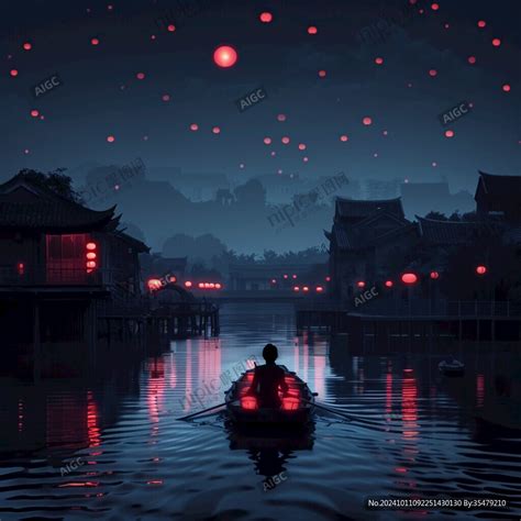 Ai创作图山水画江南水乡红灯笼 灯会划船 小船游玩放灯 插画江南 河道小舟夜景 江南意境插画 曙光水镇 小姑娘放河灯 中国风夜景 西塘插画西塘红色 意境江南插画 水墨江南夜景 小女孩抱河灯 夜
