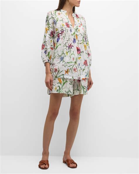 120 Lino Poet Floral Print Pintuck Linen Blouse Neiman Marcus