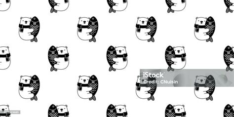 원활한 패턴 벡터 북극곰 포옹 생선 연어 참치 만화 그림 반복 벽지 스카프 절연 타일 배경 곰 겨울에 대한 스톡 벡터 아트 및