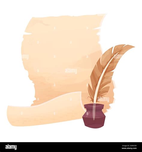 Old Scroll Of Parchment Papyrus And Feather Pen In Cartoon Style Isolated On White Background