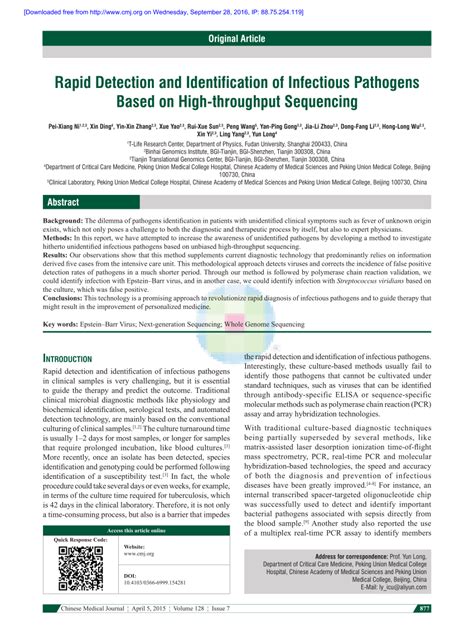Pdf Rapid Detection And Identification Of Infectious Pathogens Based On High Throughput Sequencing