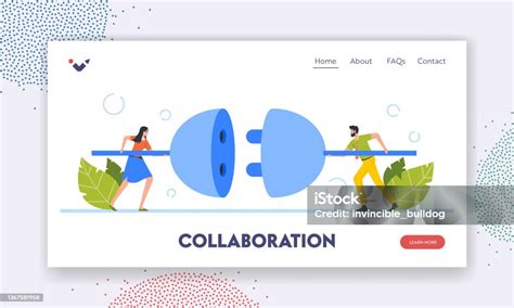 비즈니스 연결 공동 작업 방문 페이지 템플릿 거대한 플러그와 콘센트를 연결하는 작은 비즈니스 캐릭터 관절에 대한 스톡 벡터 아트