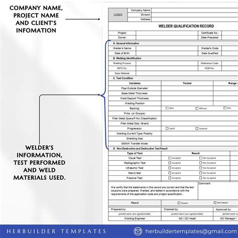 Welder Qualification Record Form Welders Test Record Welders Certification Weld Testing