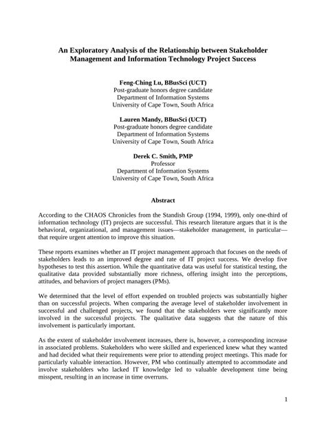 Pdf An Exploratory Analysis Of The Relationship Between Stakeholder Management And Information