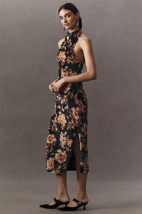 Bhldn Holly Halter Printed Stretch Velvet Midi Dress Anthropologie