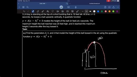 Quadratic Function Vertex Form Application Ball Thrown Youtube