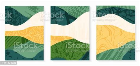 추상 풍경 벡터 배경 그림 집합입니다 다채로운 질감의 시골 장식 에코 카드의 번들 자연 생태 유기 환경 배너 엽서 포스터 디자인 추상적인에 대한 스톡 벡터 아트 및 기타